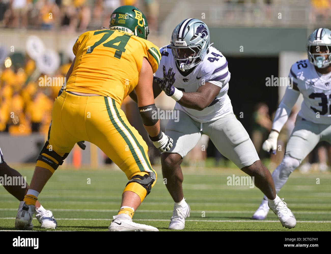 Waco, Texas, USA. 04th Oct, 2025. Baylor Bears offensive lineman Kaden Sieracki (74) blocks ...