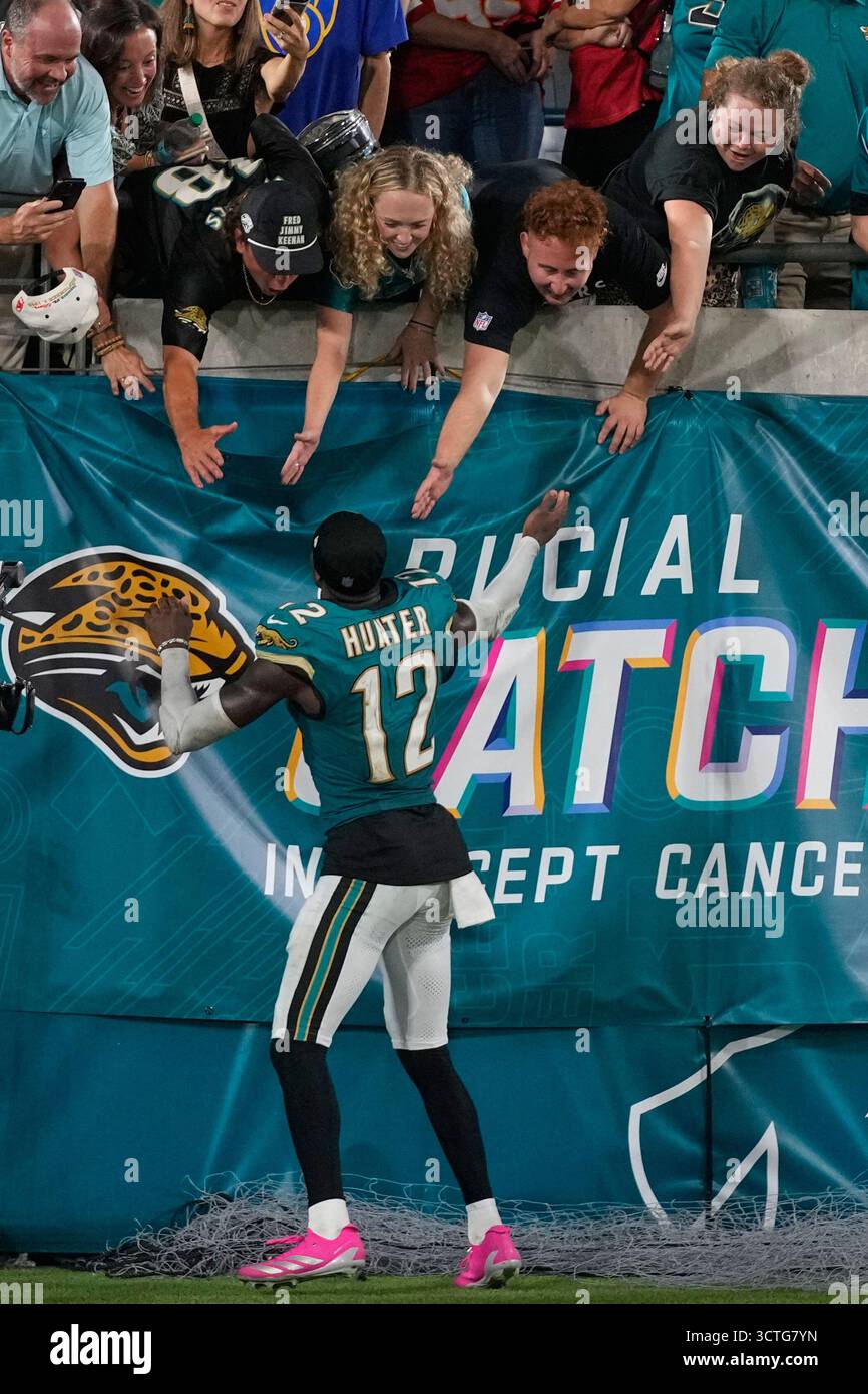 Jacksonville Jaguars wide receiver Travis Hunter greets fans after an ...