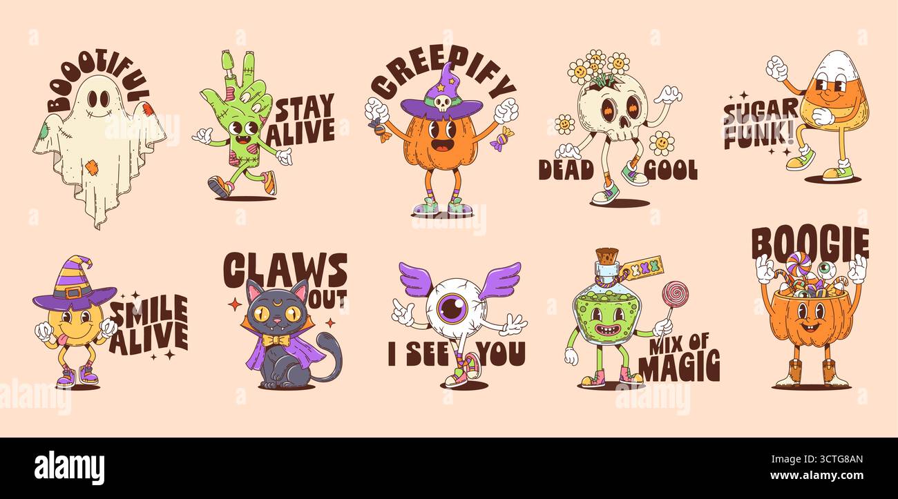 Halloween y2k groovy stickers set. Cartoon vector cute and spooky ...