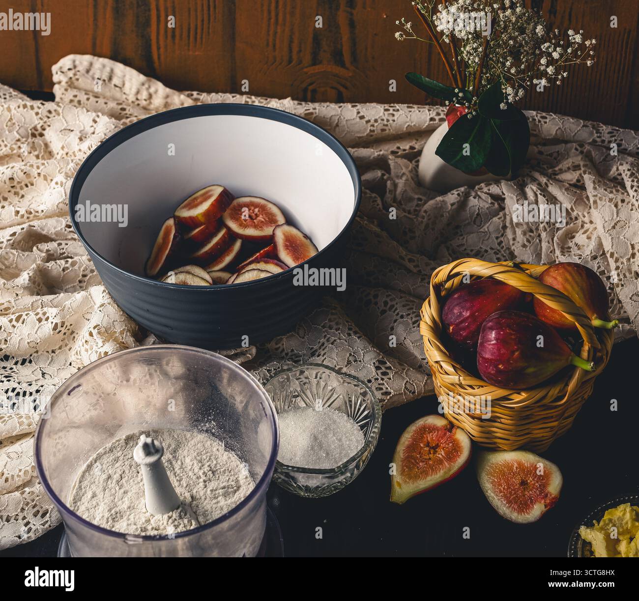 Rustic still life photography featuring a homemade fig galette on ...