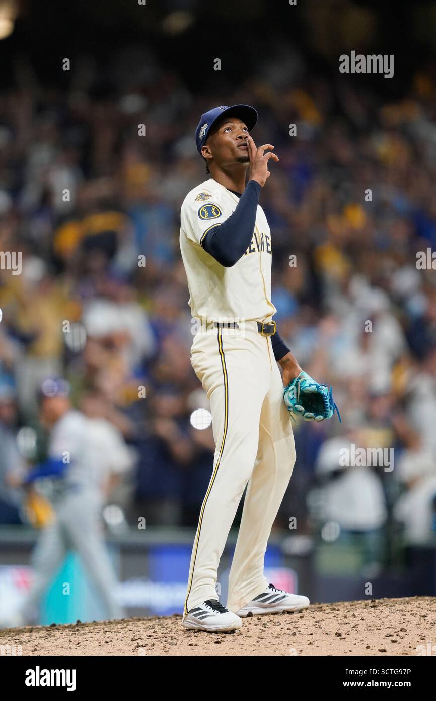 Milwaukee Brewers relief pitcher Abner Uribe (45) gestures after ...