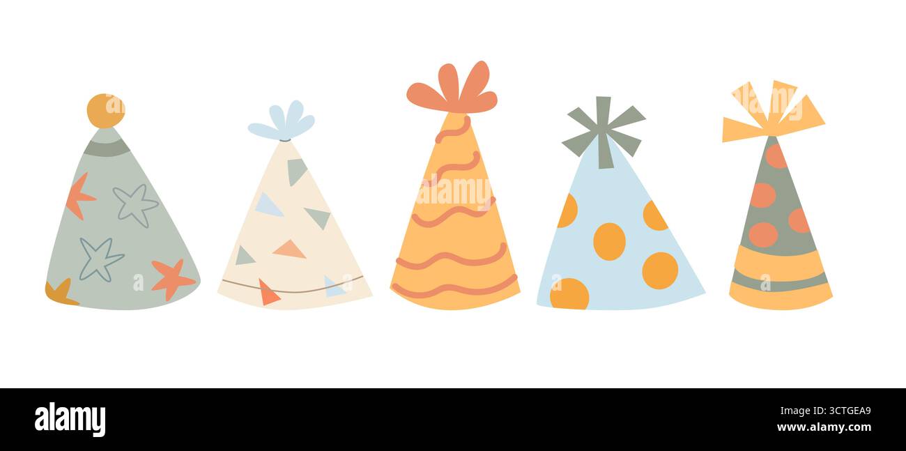 Colorful party hats in various designs and patterns for celebration ...
