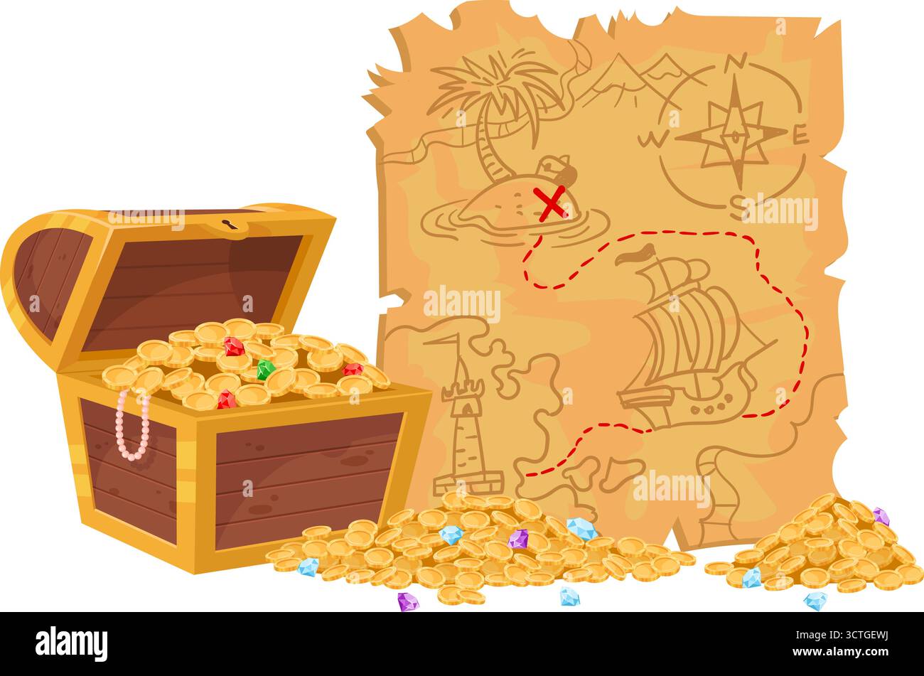 Chest with gold coins. Precious stones and pirate treasure map ...