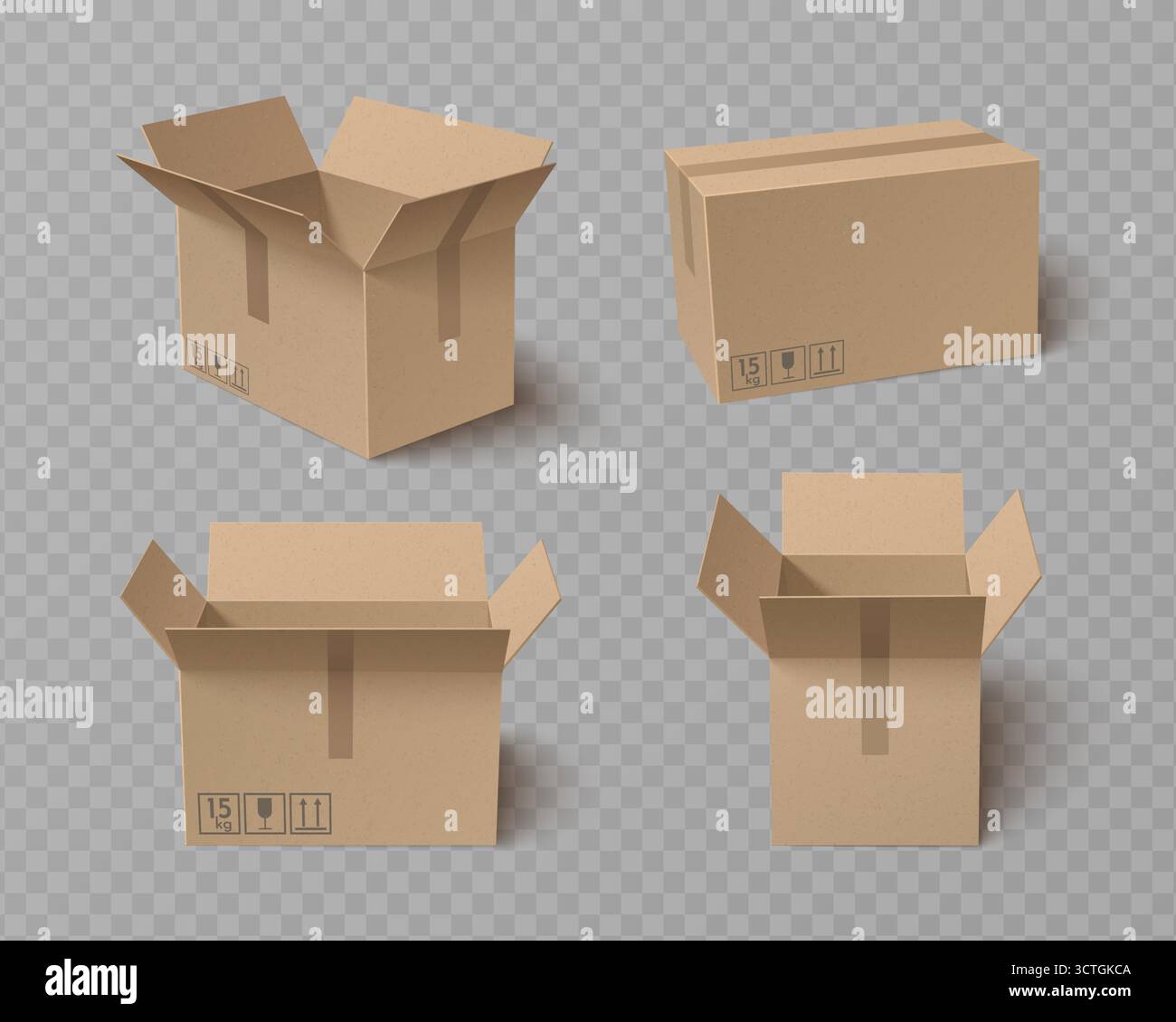 Cardboard box collection with open top - brown shipping containers with ...