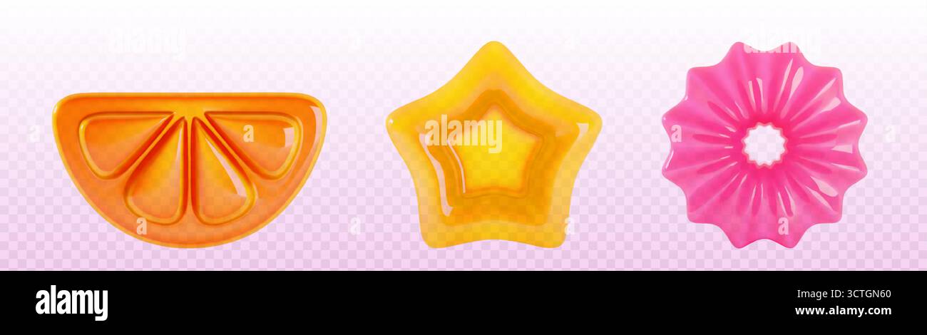 Glossy 3d jelly shape set with orange slice, yellow star and pink ...