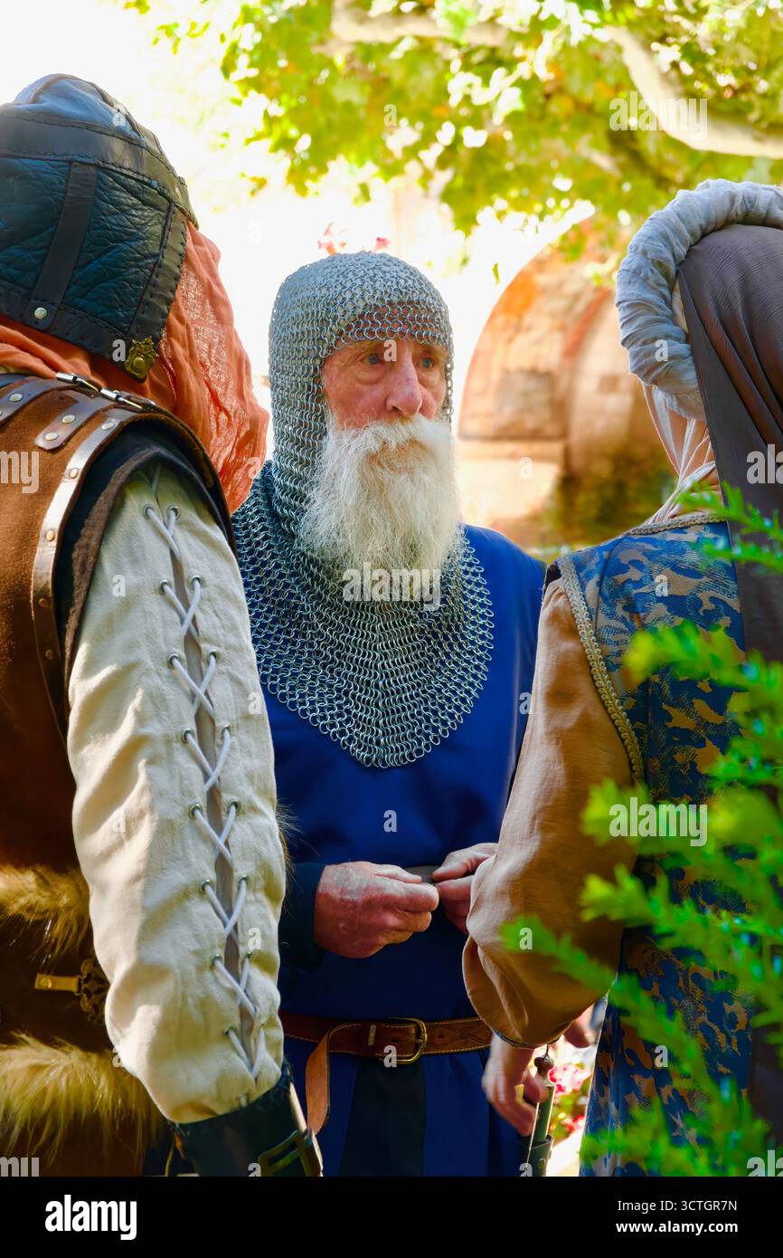 Senior man with a long white beard wearing medieval costume and chain ...