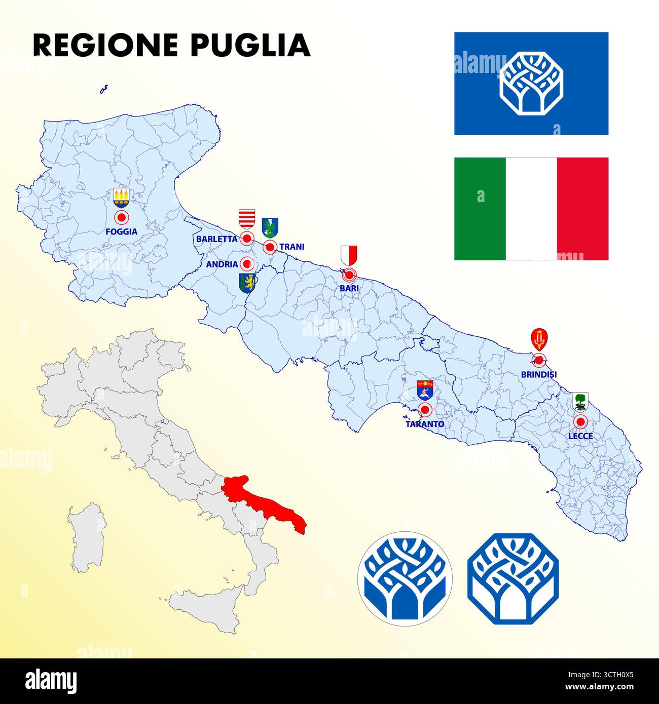 Puglia, Italy, regional map and symbols of the region and cities ...