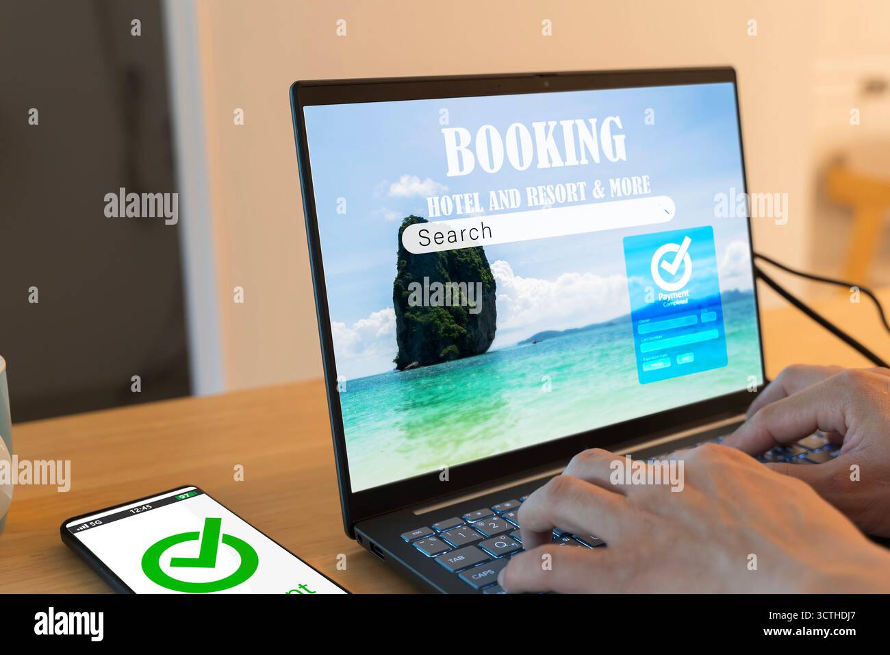 Concept of online hotel booking and digital travel reservation. Laptop ...