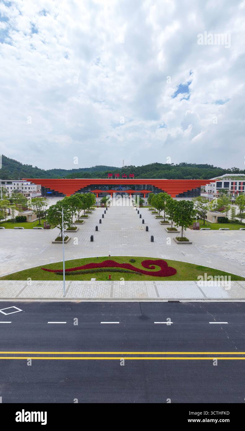 Aerial photography of Luofushan Station on Guangshan High speed Railway ...