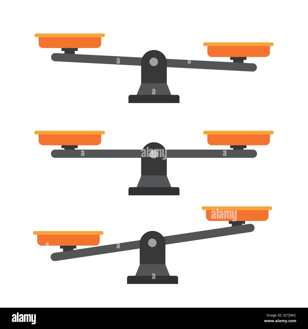 Flat vector illustration of balance scales in three positions: balanced ...
