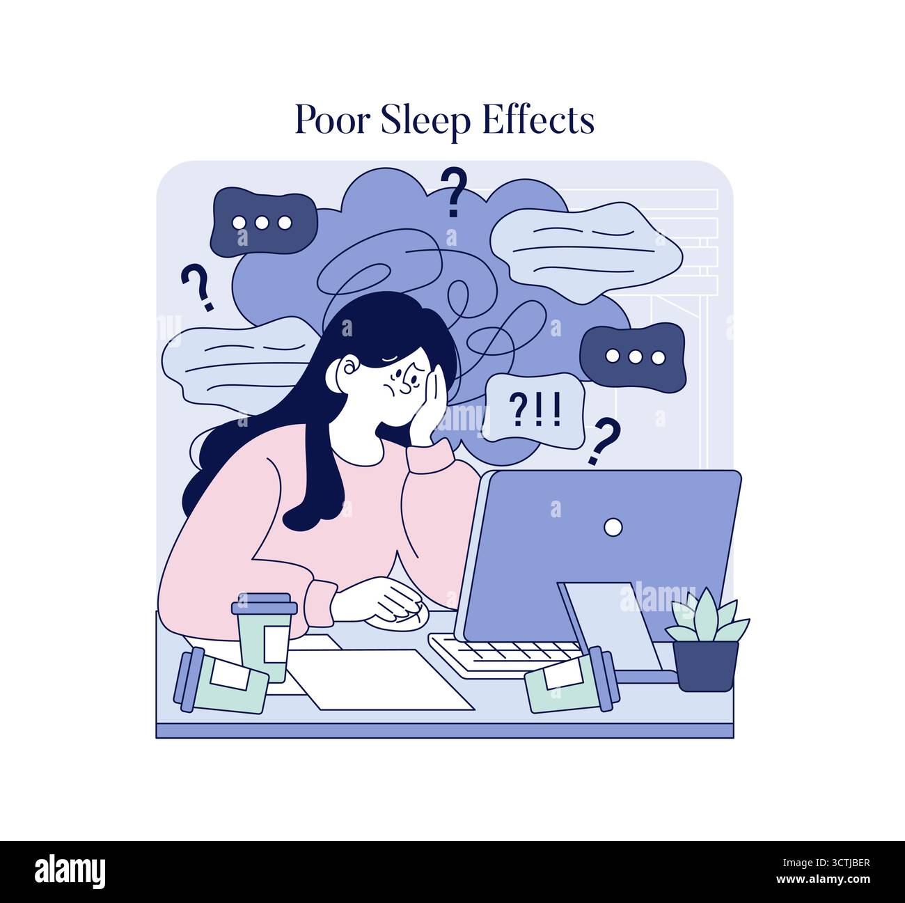 Vector illustration of a person struggling to focus at work due to poor ...