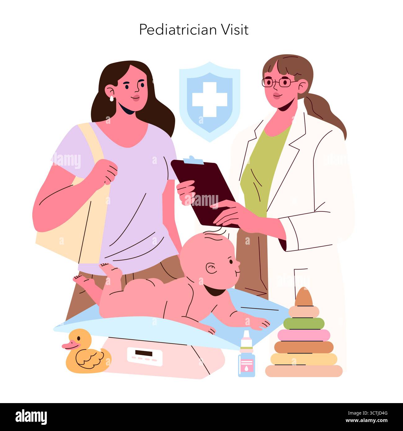 Pediatrician examining a baby on a scale during a check-up. The image ...