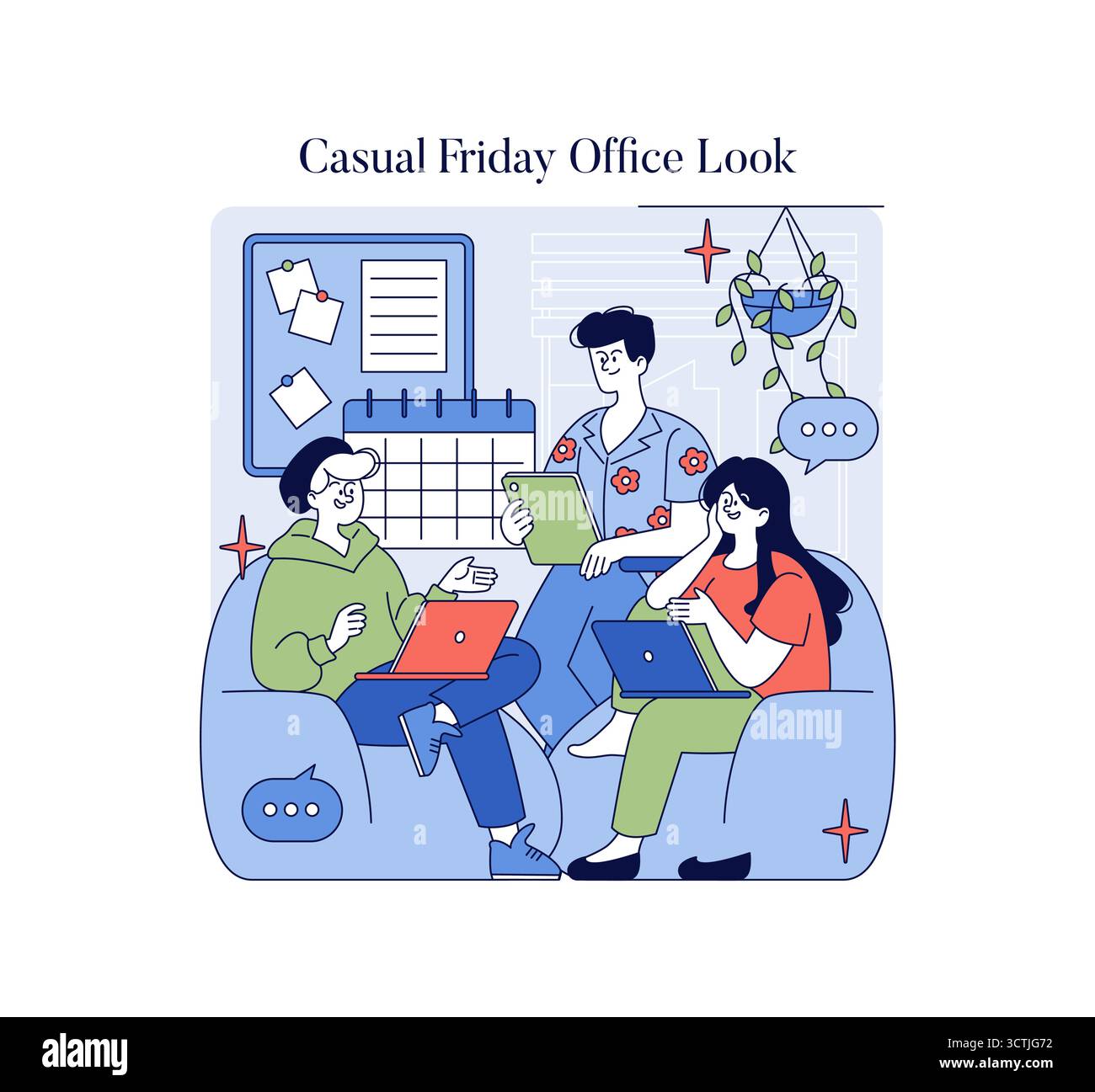 Vector illustration of three office colleagues casually chatting on a ...