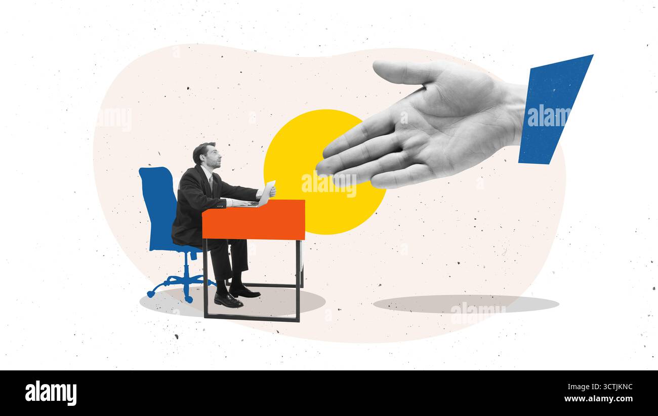Modern collage. Businessman at desk reaching for helping hand ...