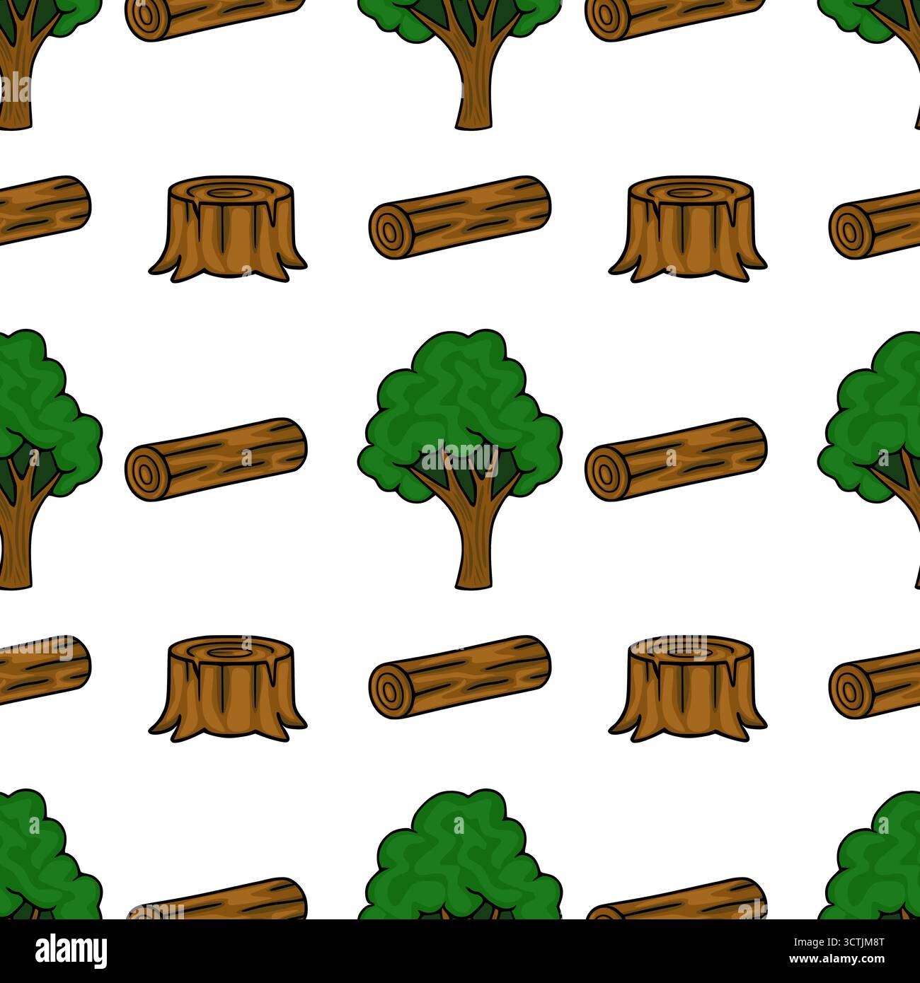 Seamless vector pattern featuring cartoon-style trees, logs, and stumps ...