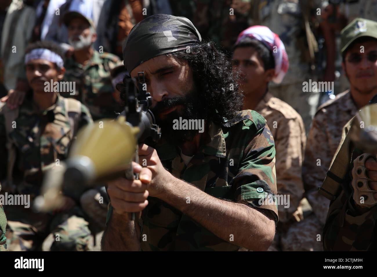 YEMEN HAMAS ISRAEL WAR- A Houthi fighter holds up a RPG during the ...