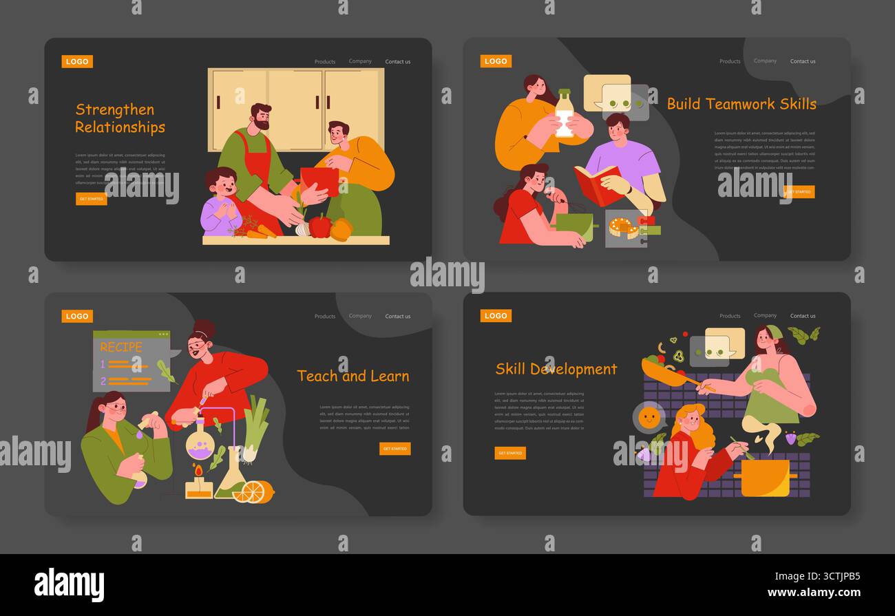 Vector illustration depicting families engaged in cooking activities ...
