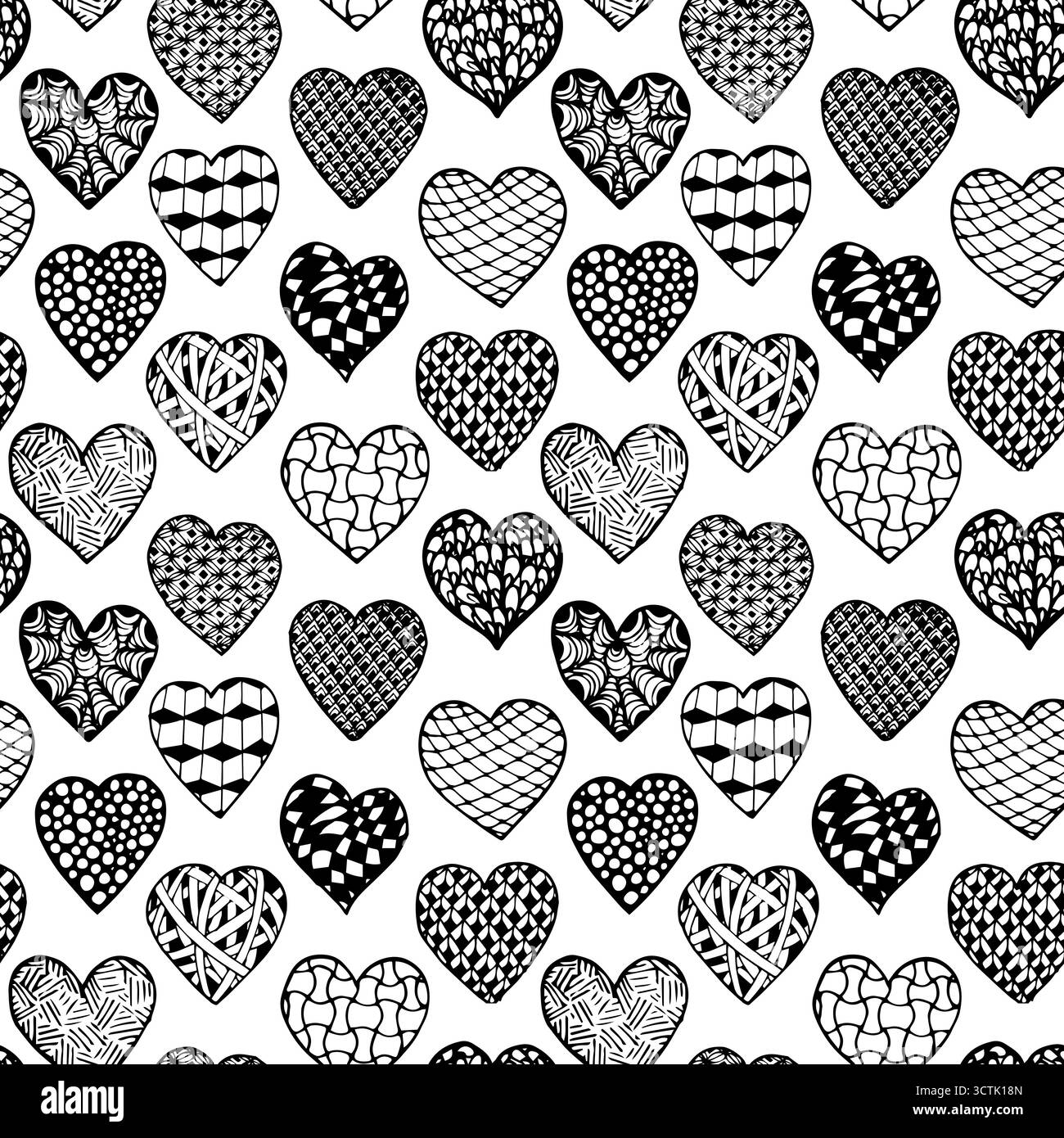 black and white seamless background hand drawn hearts. Pattern coloring ...