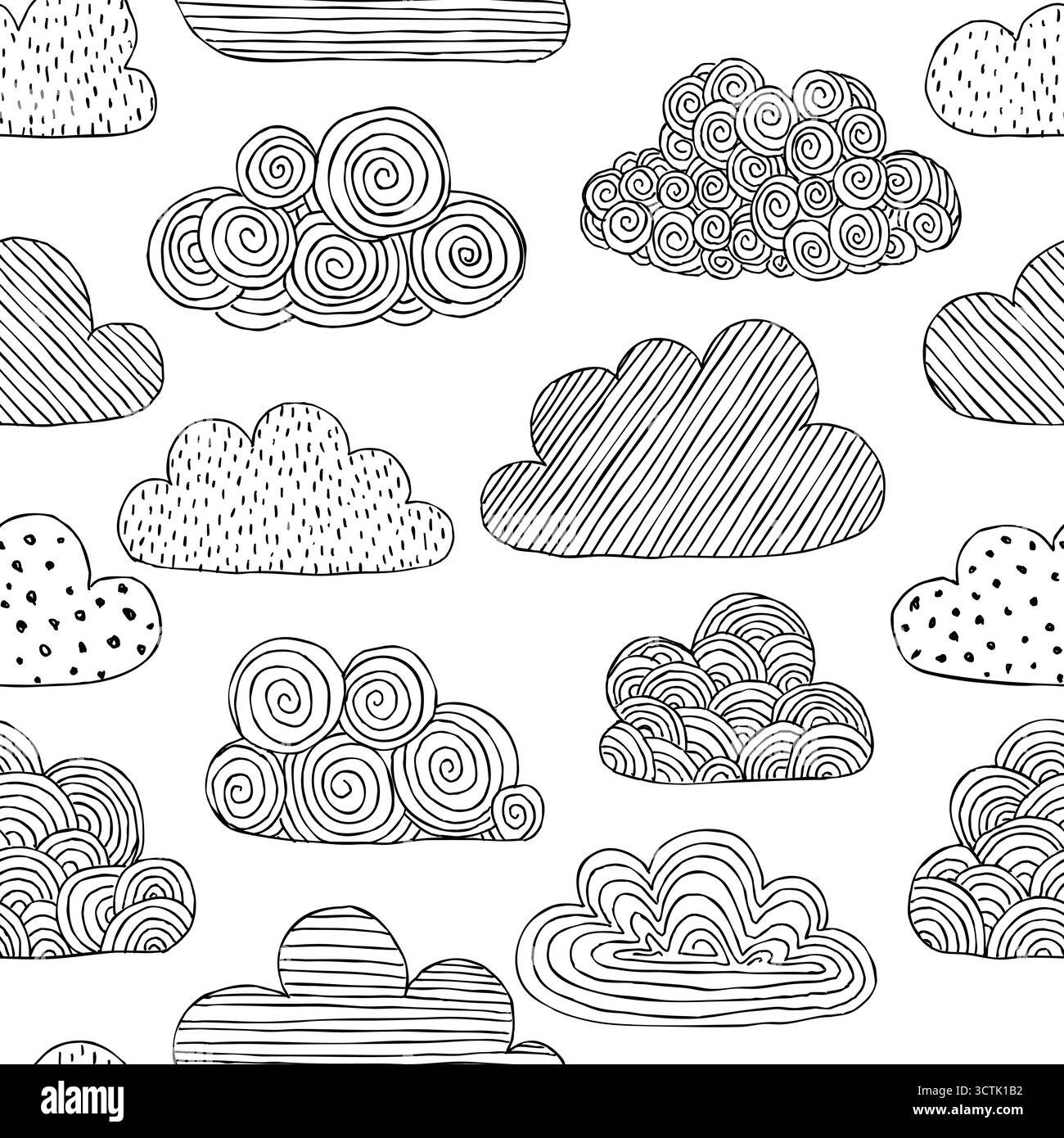 Beautiful black and white seamless pattern of doodle clouds. design ...