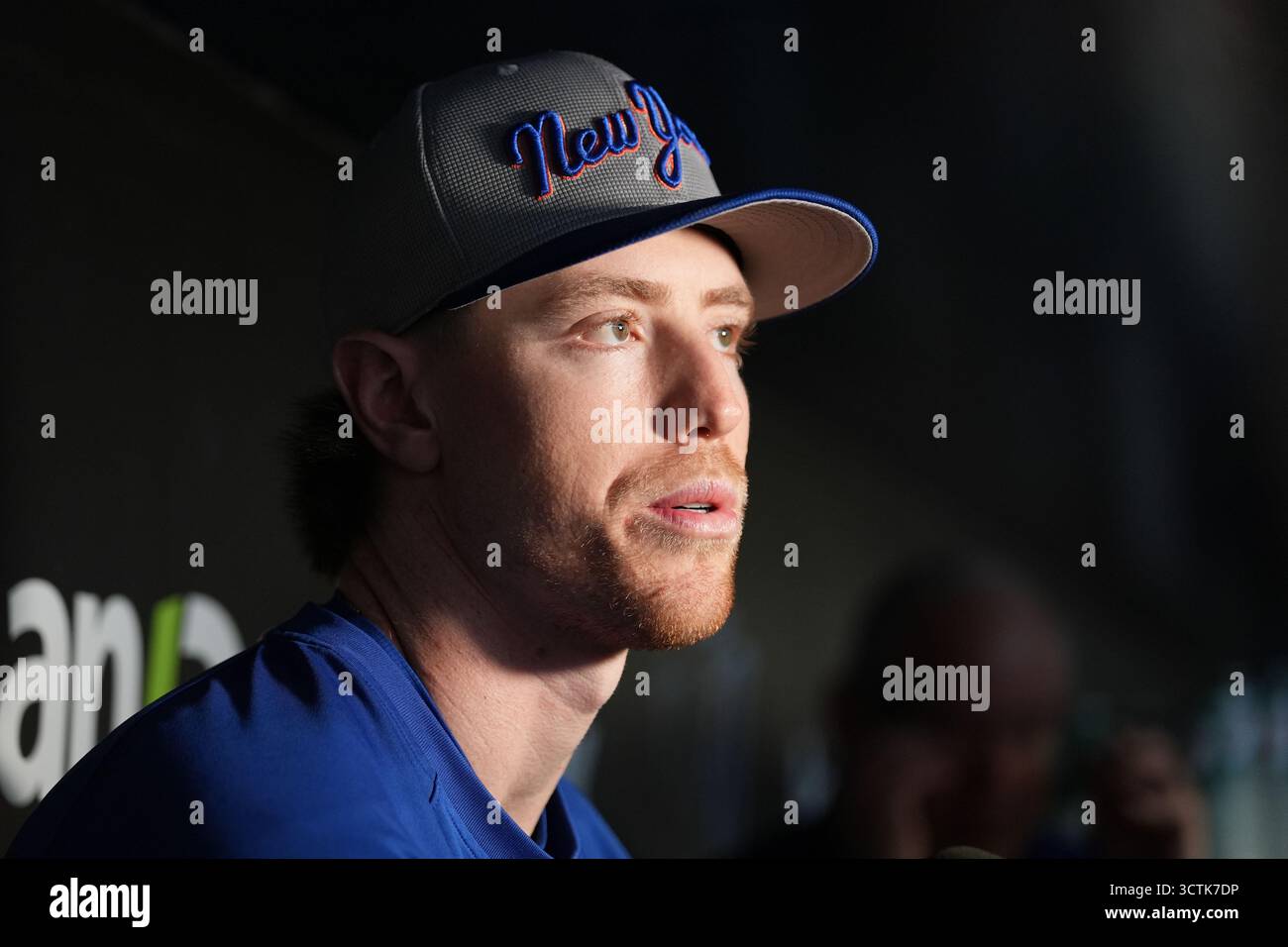 New York Mets' Brett Baty is interviewed in the dugout before a ...