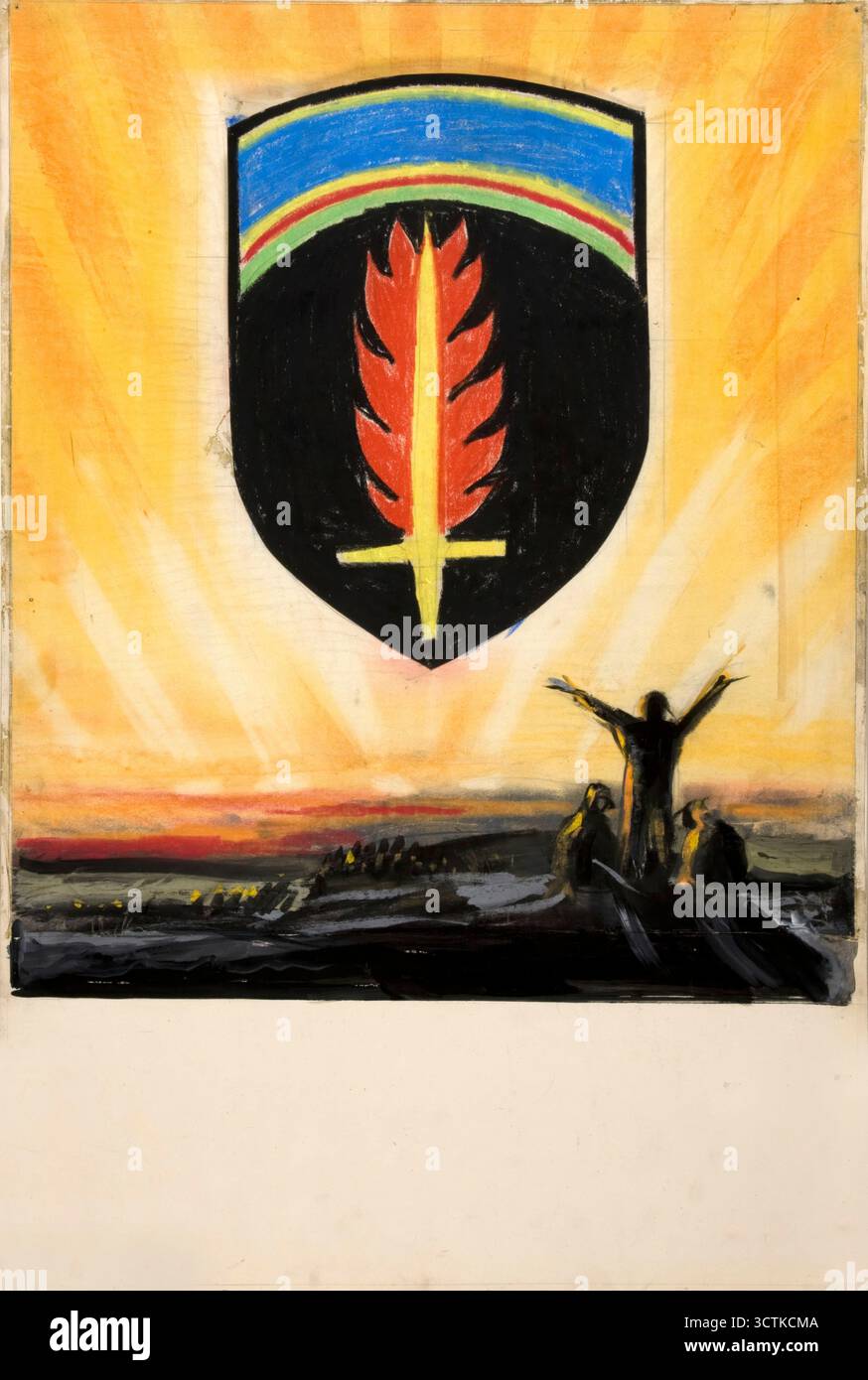 Unity of Strength World War II poster: Shield with flaming sword on ...