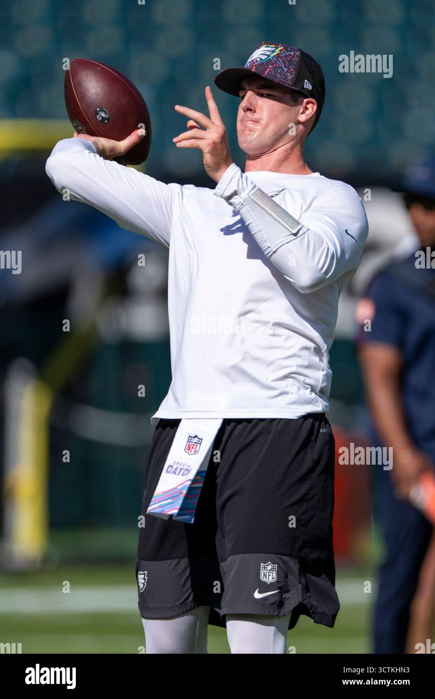 Philadelphia Eagles quarterback Tanner McKee looks on during warm-ups ...