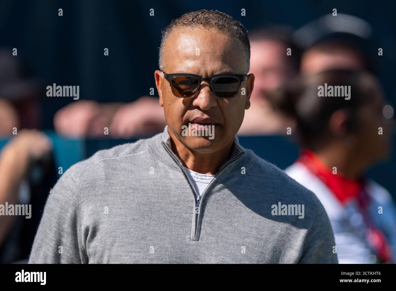 Los Angeles Dodgers manager Dave Roberts looks on during warm-ups prior ...
