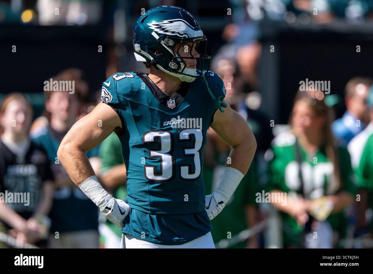 Philadelphia Eagles defensive back Cooper DeJean looks on during warm ...