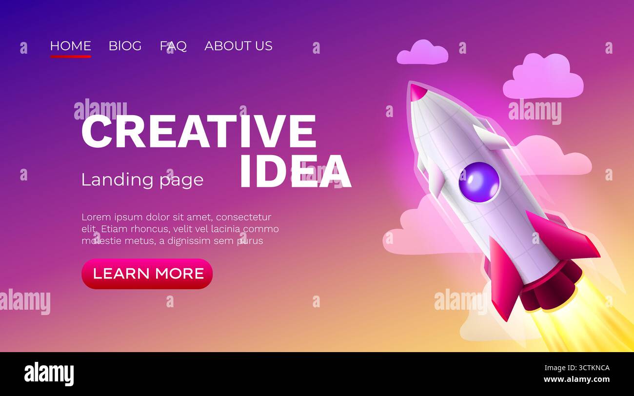 Vibrant landing page template with rocket launch, symbolizing creative ...