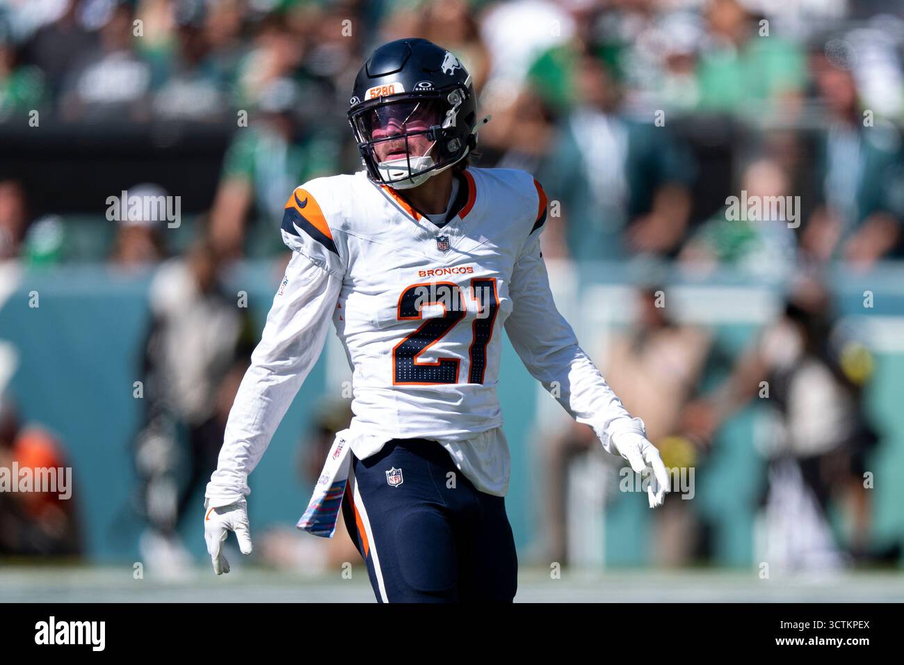 Denver Broncos cornerback Riley Moss looks on during an NFL football ...