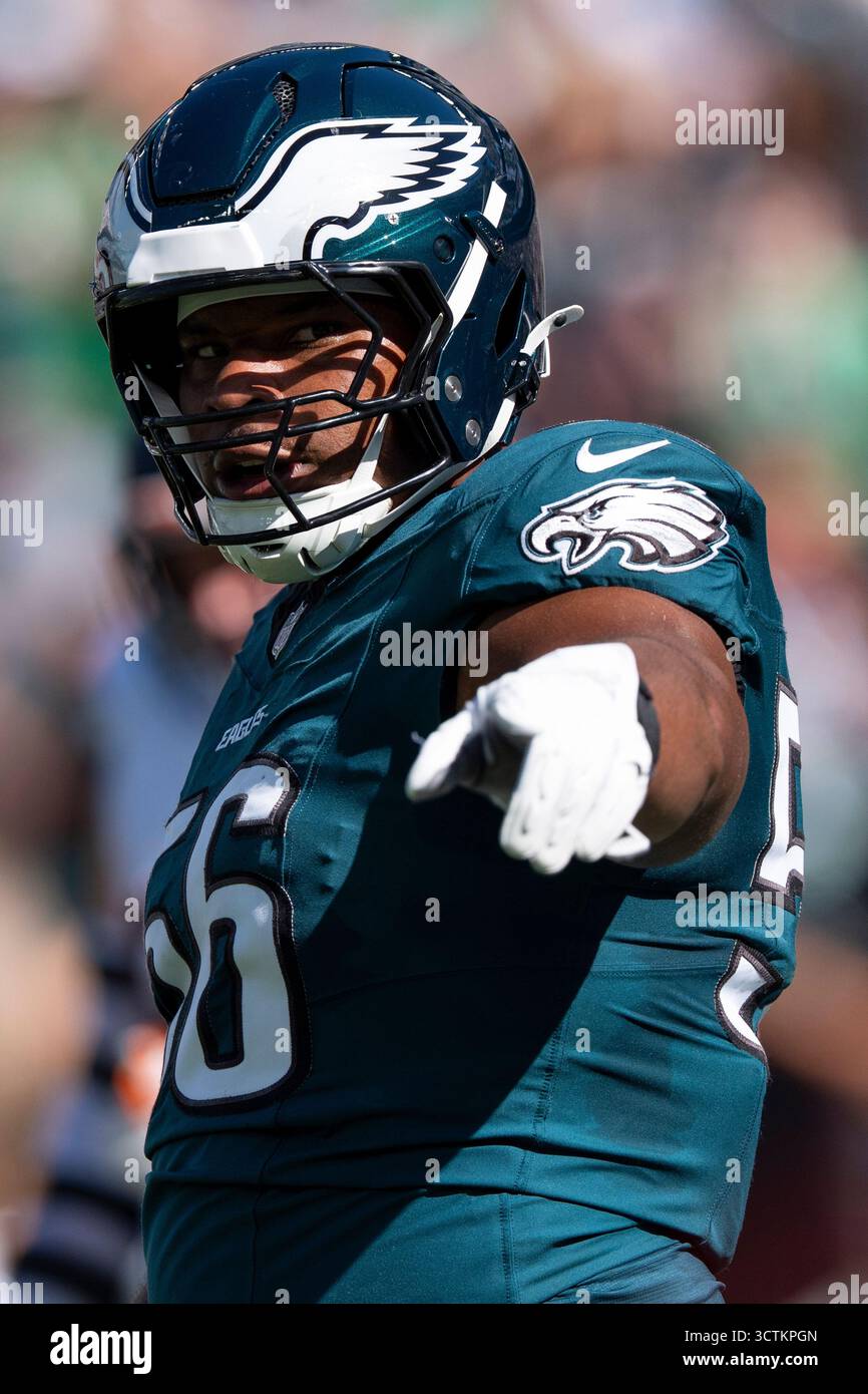 Philadelphia Eagles offensive lineman Tyler Steen reacts during an NFL ...