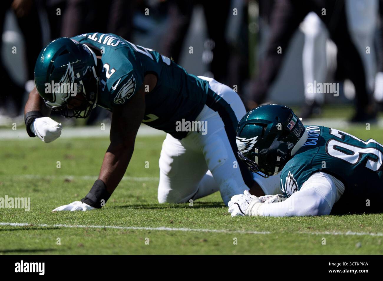 Philadelphia Eagles linebacker Za'Darius Smith reacts to his sack as ...