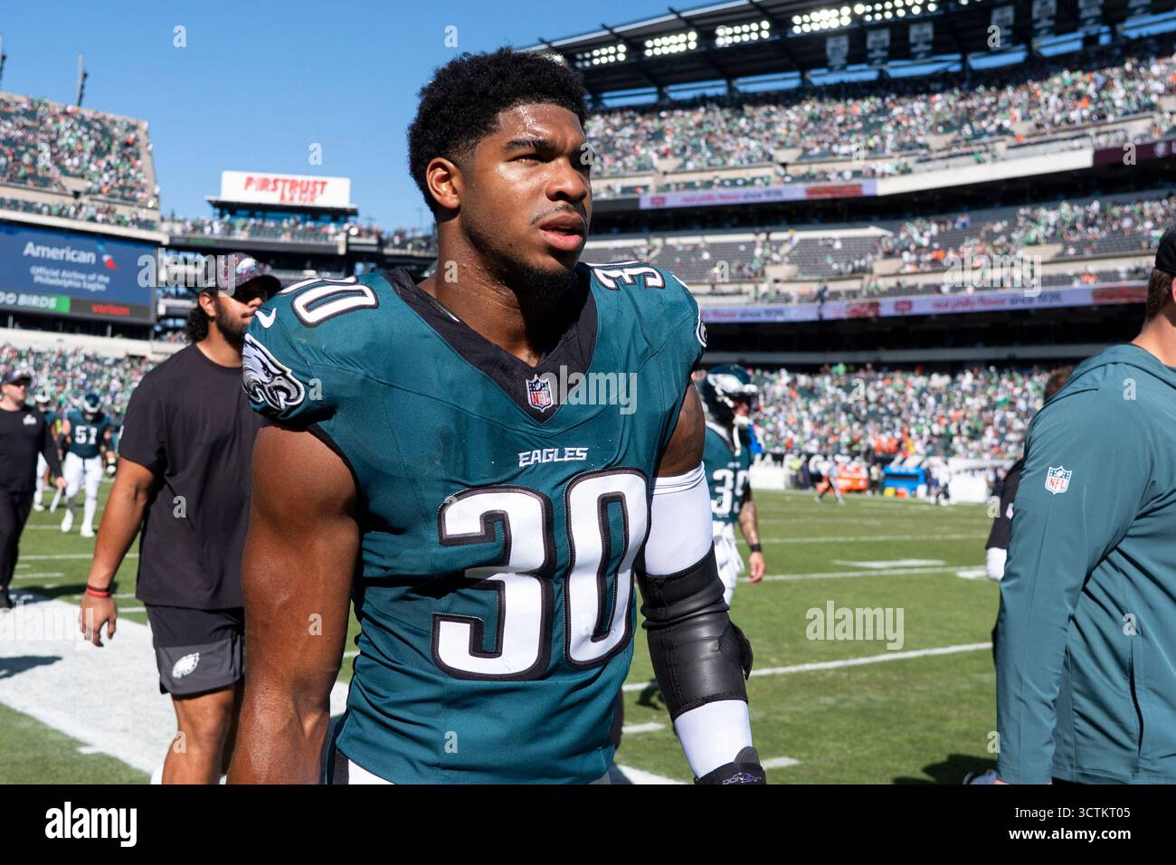 Philadelphia Eagles linebacker Jihaad Campbell looks on during an NFL football game against the ...