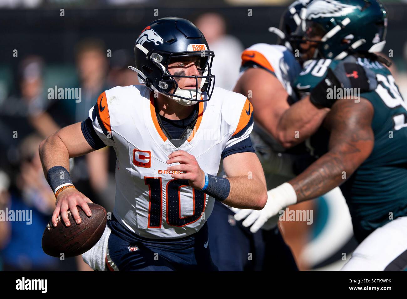 Denver Broncos quarterback Bo Nix in action during an NFL football game ...
