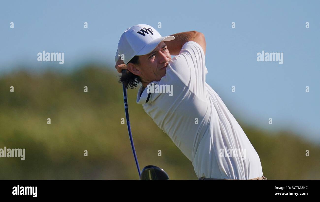 Nicholas Prieto, of Wake Forest, tees off during the NCAA Hampton ...