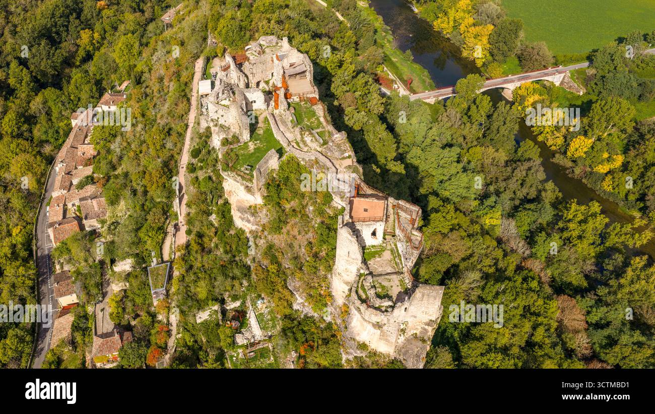 Aerial view of the Chateau de Penne in the Tarn region of Occitanie ...