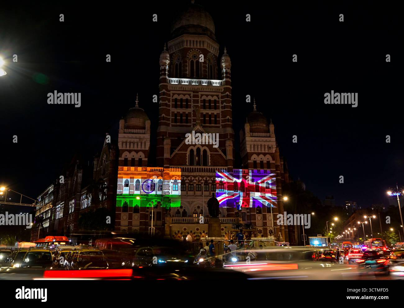 MUMBAI, INDIA - OCTOBER 7: Indian and UK flags light up the iconic BMC ...