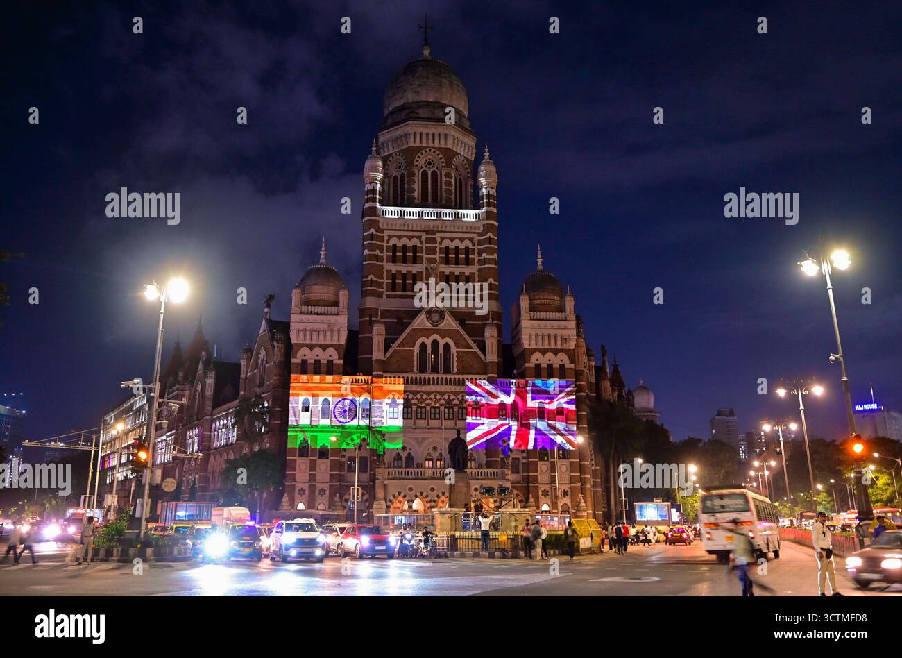 MUMBAI, INDIA - OCTOBER 7: Indian and UK flags light up the iconic BMC headquarters ahead of the ...