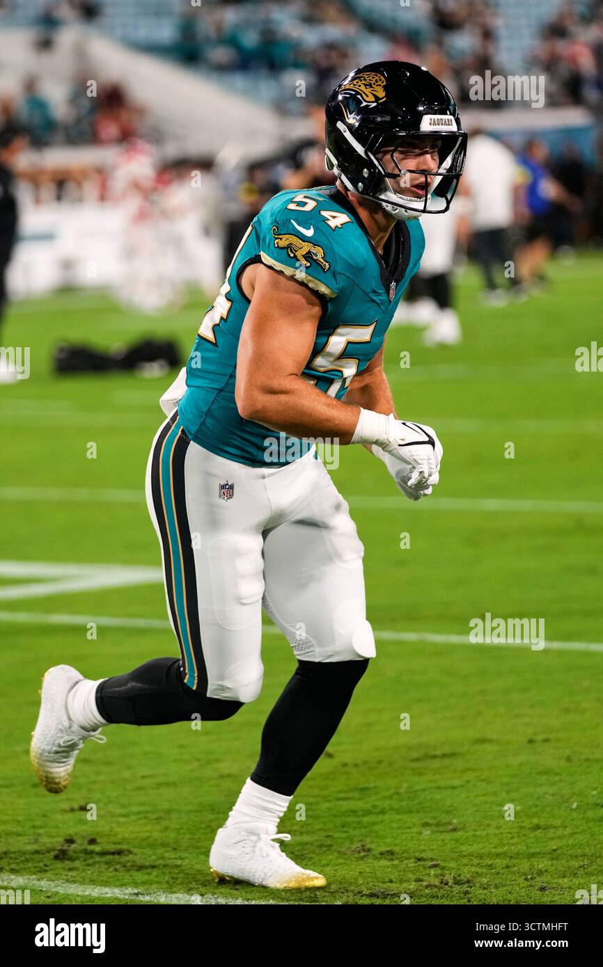 Jacksonville Jaguars linebacker Jack Kiser (54) warms up before an NFL ...