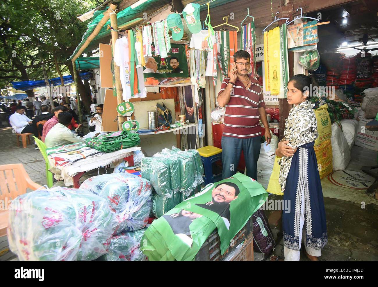 PATNA, INDIA - OCTOBER 7: Banners, flags, batches and caps of various ...