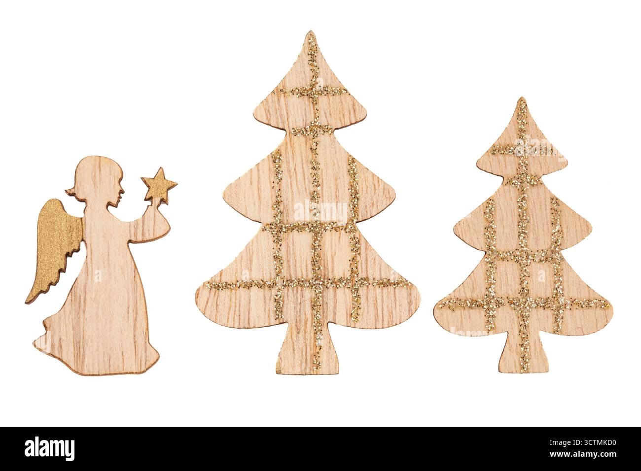 Wooden angel and two fir trees isolated on white background Stock Photo ...