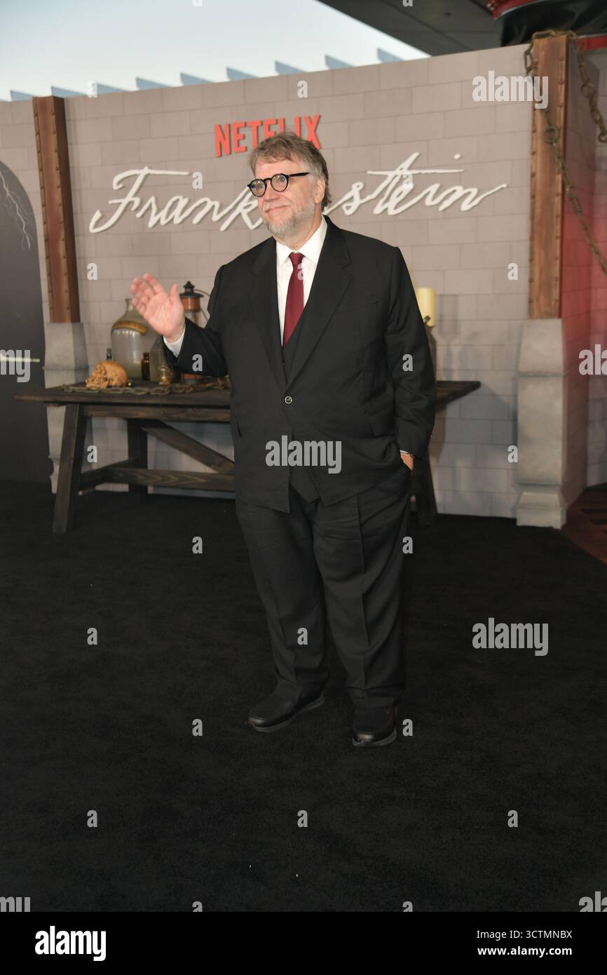 Guillermo del Toro arrives at the premiere of "Frankenstein" on Monday ...