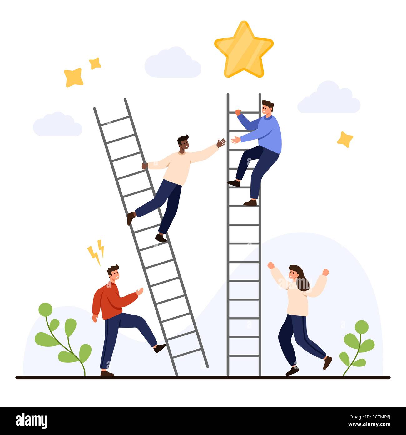 Business people climbing ladders toward a star symbolizing ambition ...