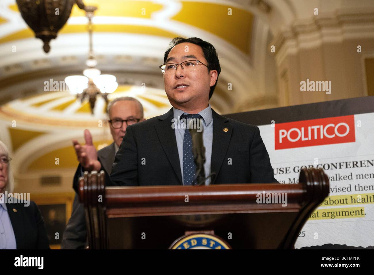 Sen. Andy Kim, D-N.J., speaks to reporters following the weekly Senate ...