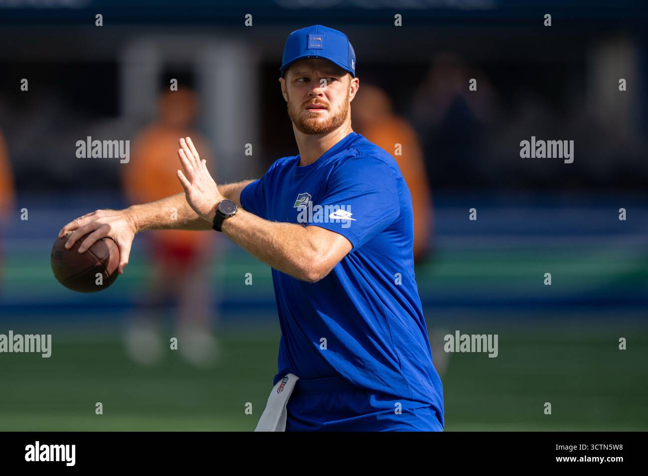 Seattle Seahawks quarterback Sam Darnold passes the ball during warmups ...