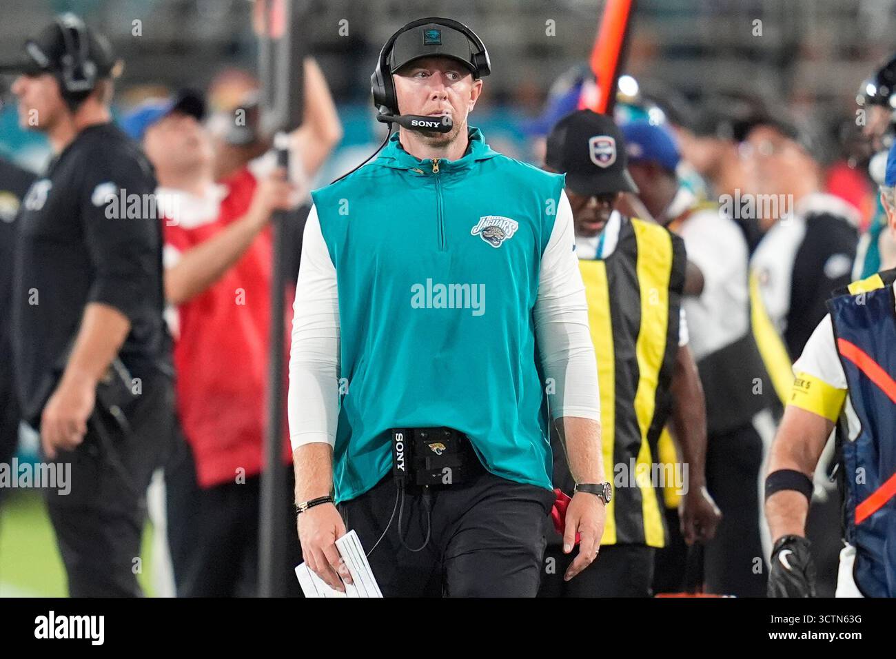 Jacksonville Jaguars head coach Liam Coen paces the sideline during the ...