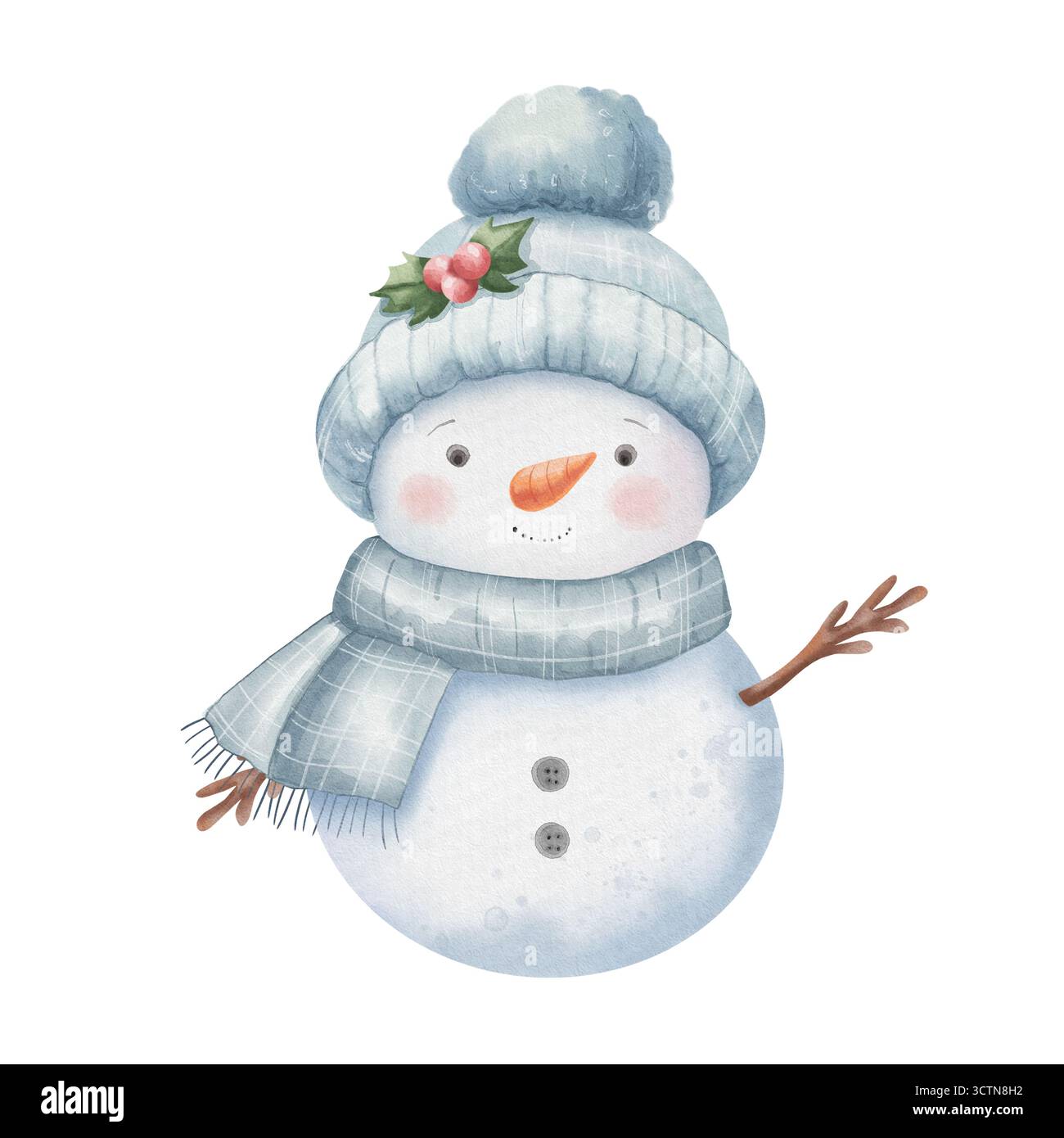Watercolor snowman with rosy cheeks, wearing blue hat and scarf. Cute ...