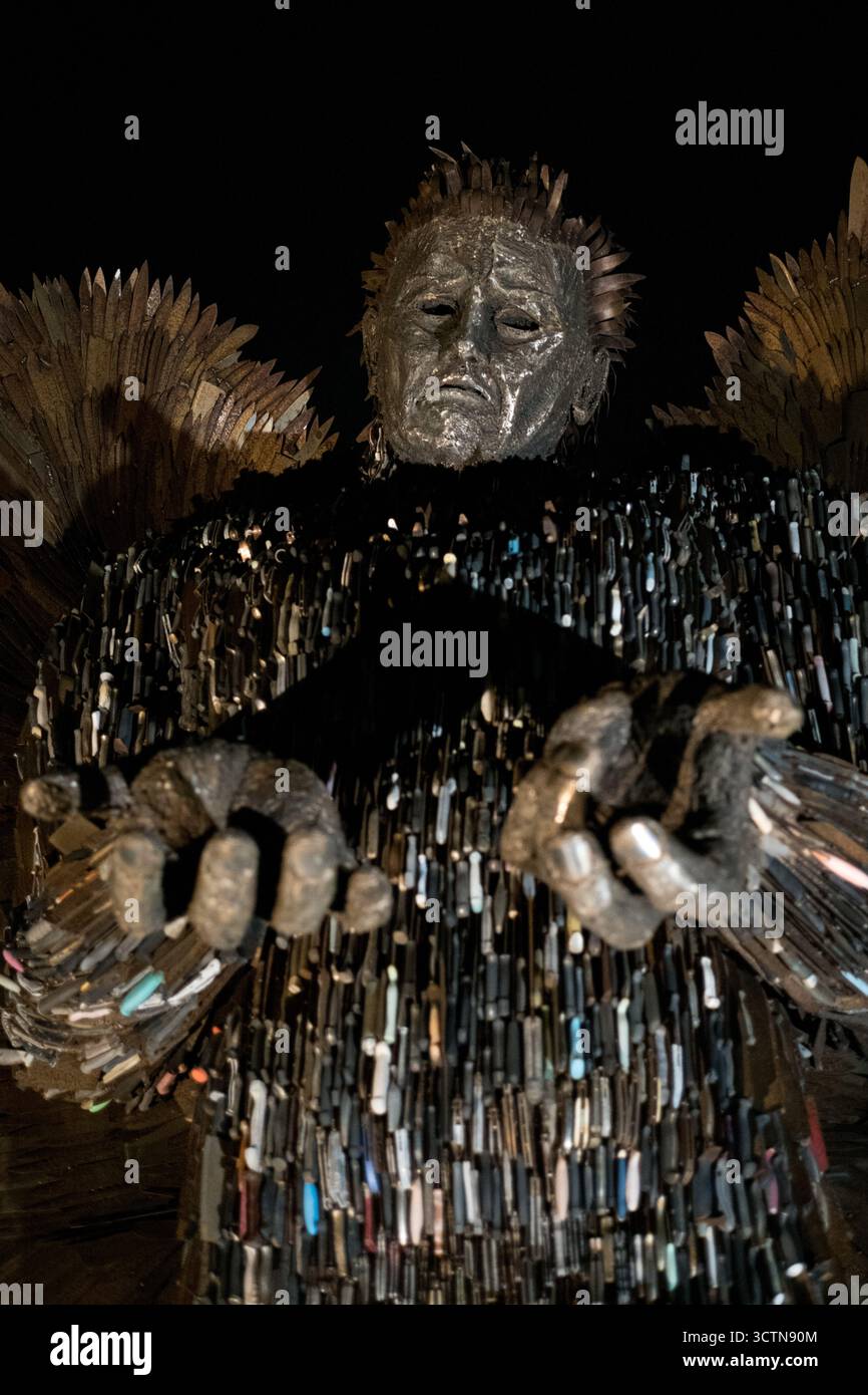 The Knife Angel sculpture on display at night in Welwyn Garden City ...