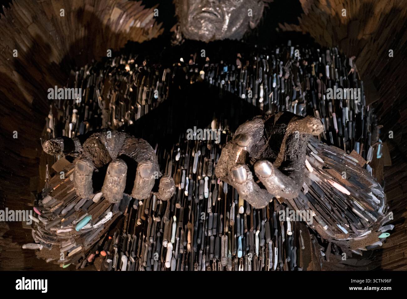The Knife Angel sculpture on display at night in Welwyn Garden City ...