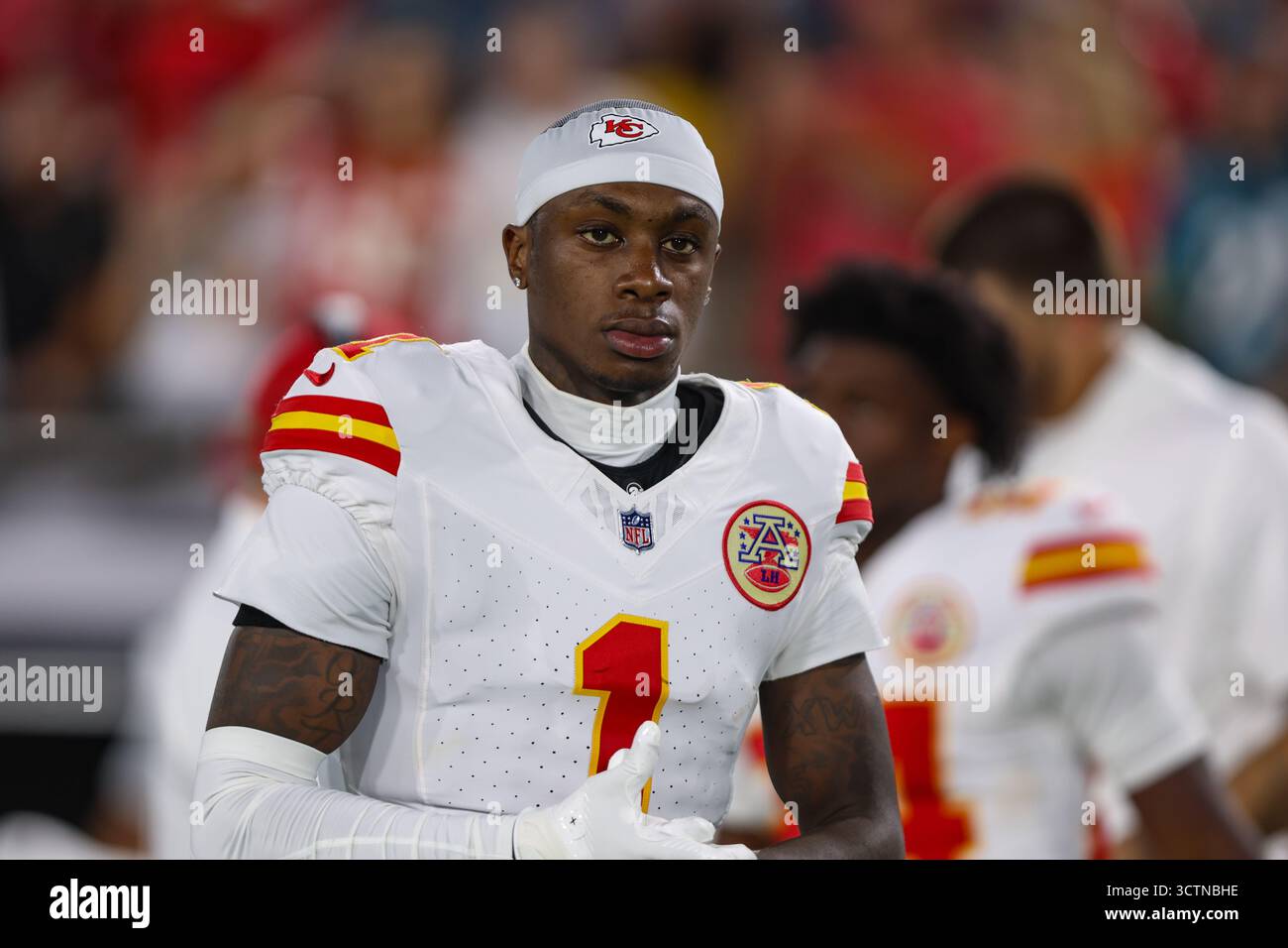 Kansas City Chiefs wide receiver Xavier Worthy (1) walks the sideline ...